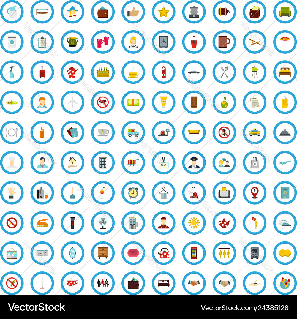 100 hospitality icons set flat style Royalty Free Vector