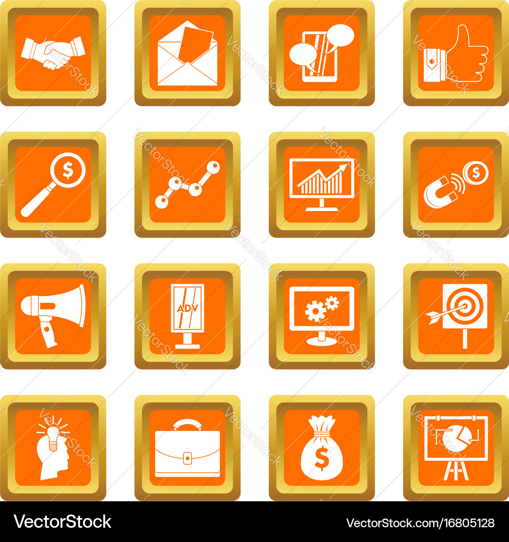 Marketing items icons set orange Royalty Free Vector Image