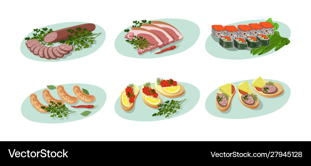 Set isolated cold cuts and sandwiches Royalty Free Vector