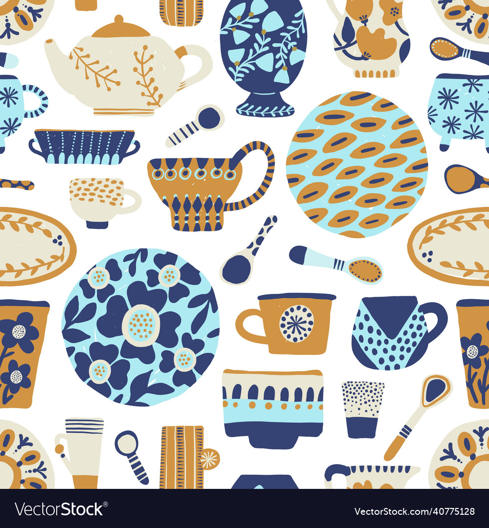 Trendy seamless pattern tableware ceramic Vector Image