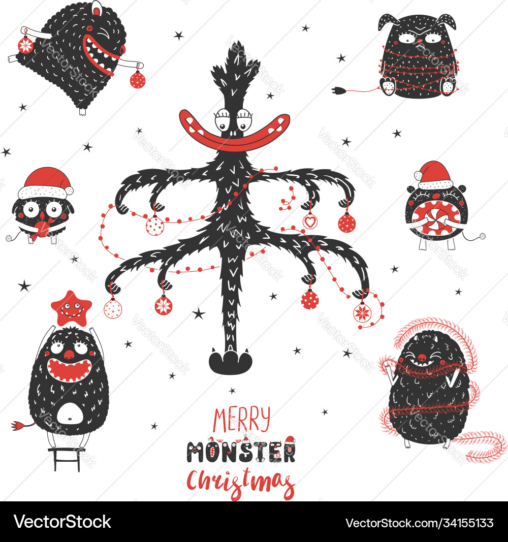 Cute and funny christmas monsters Royalty Free Vector Image