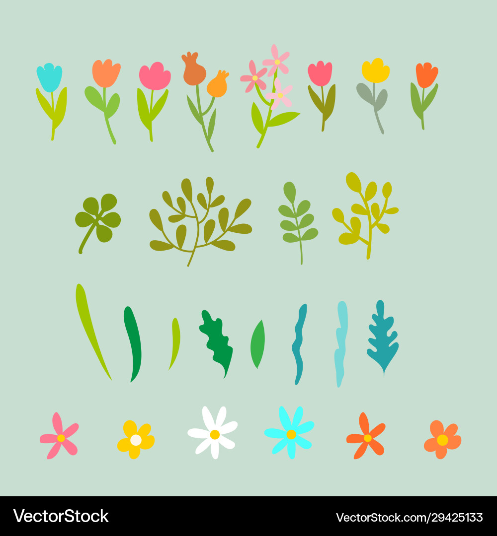 Flat cartoon spring flowers leaves set Royalty Free Vector