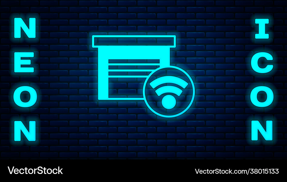 Glowing neon smart garage icon isolated on brick Vector Image