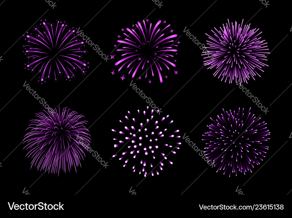 Beautiful purple fireworks set bright Royalty Free Vector
