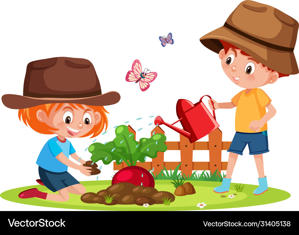 Scene with two kids planting vegetable Royalty Free Vector