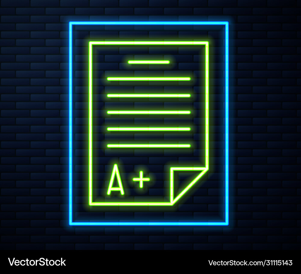 Glowing neon line exam sheet with a plus grade Vector Image
