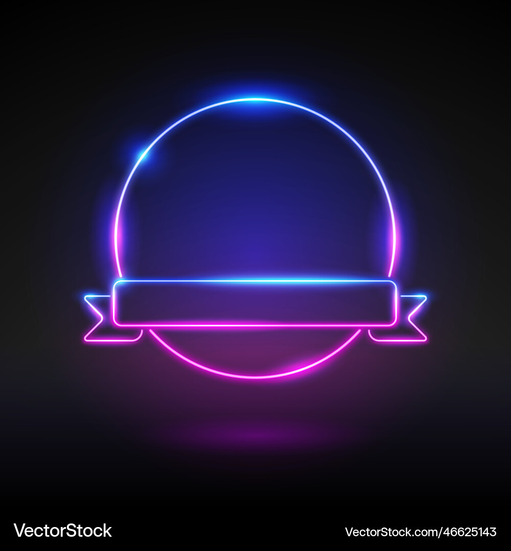 Glowing round neon emblem with ribbon Royalty Free Vector