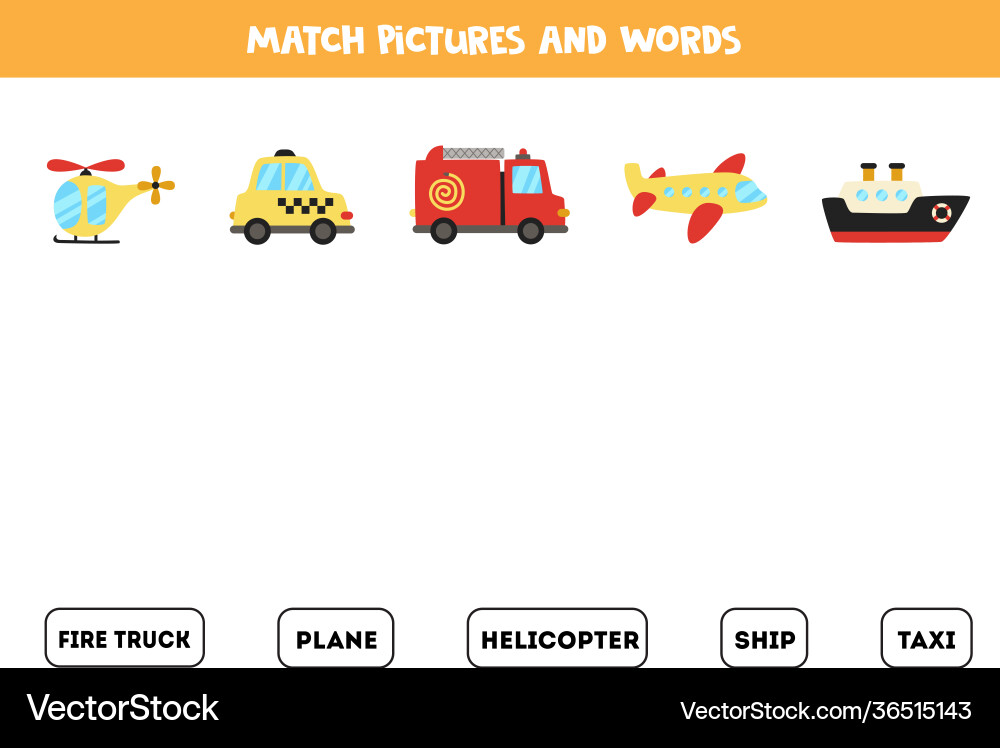 Matching transport and words educational game Vector Image