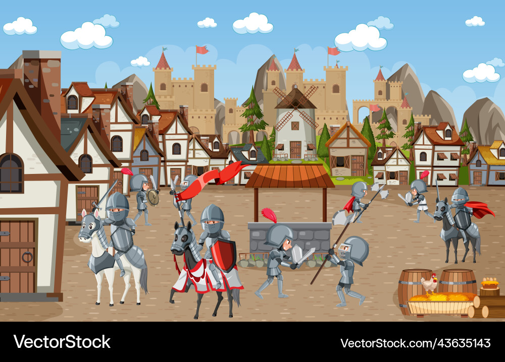 Medieval village scene castle background Vector Image