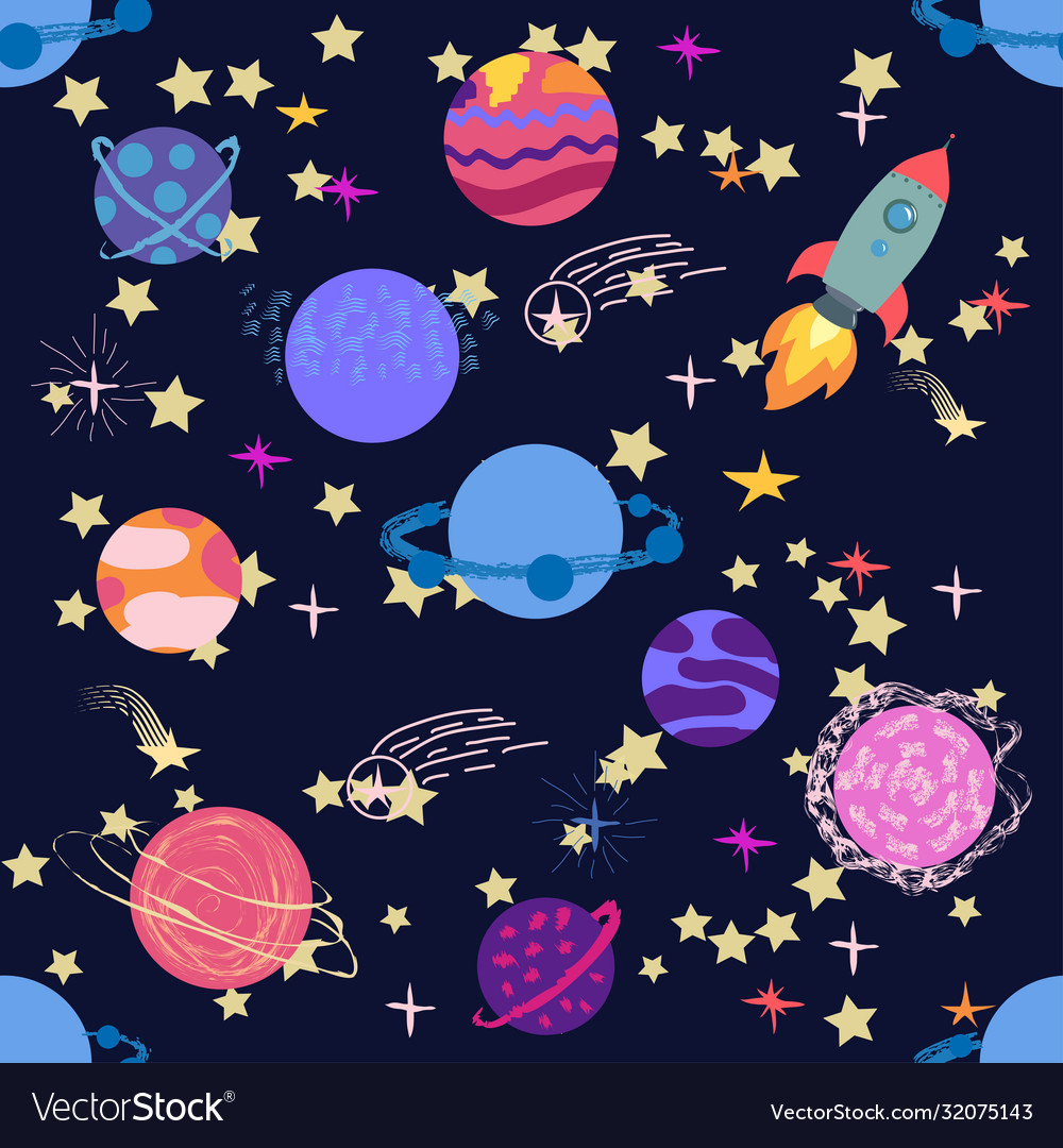 Seamless space pattern planets rockets and stars Vector Image