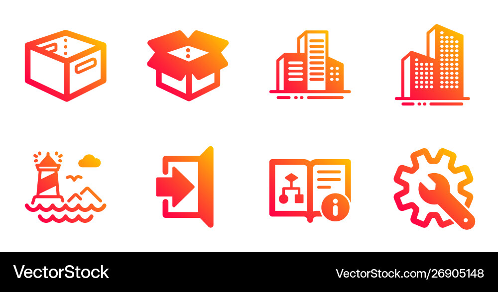 Open box lighthouse and buildings icons set Vector Image
