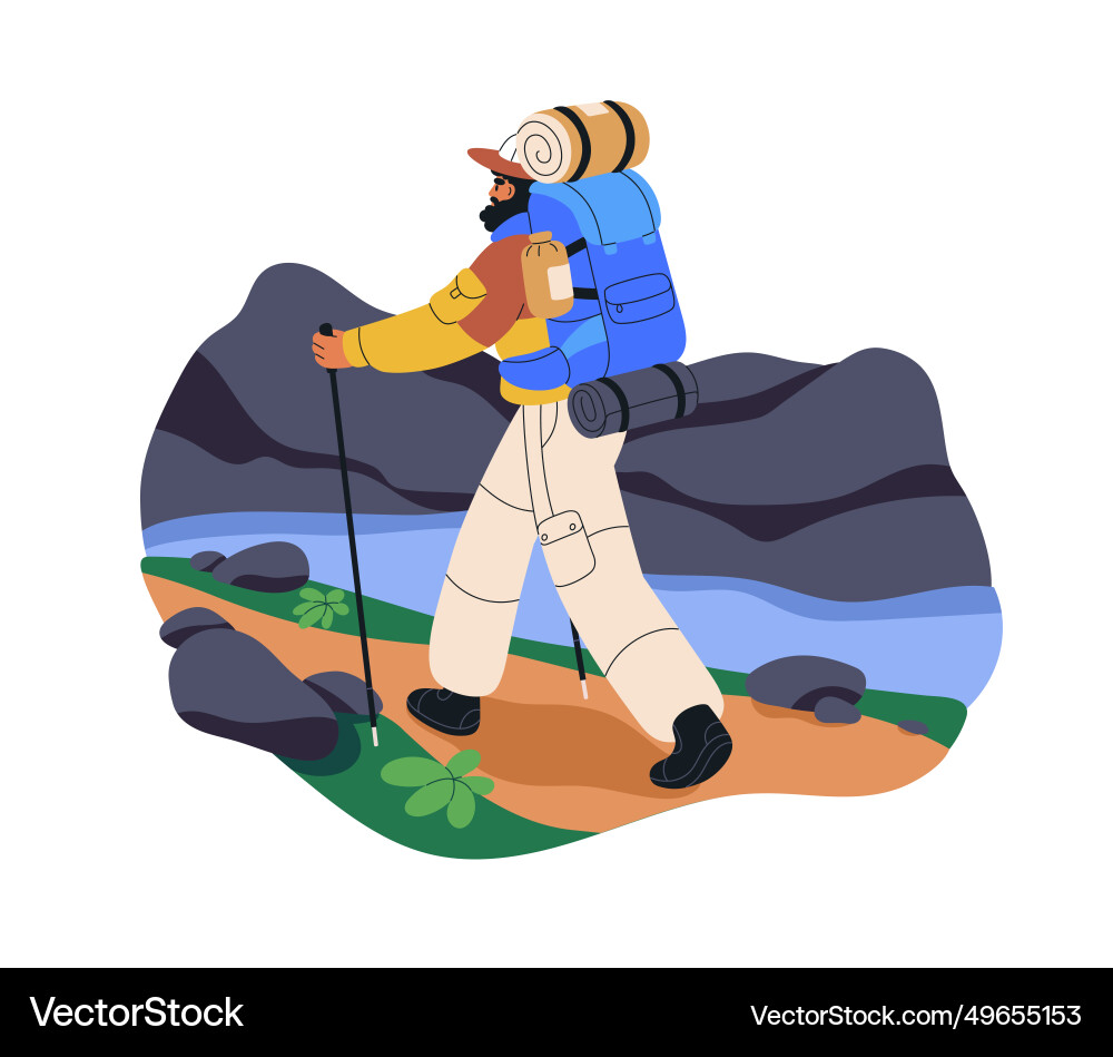 Backpacker trekking hiking with walking poles Vector Image