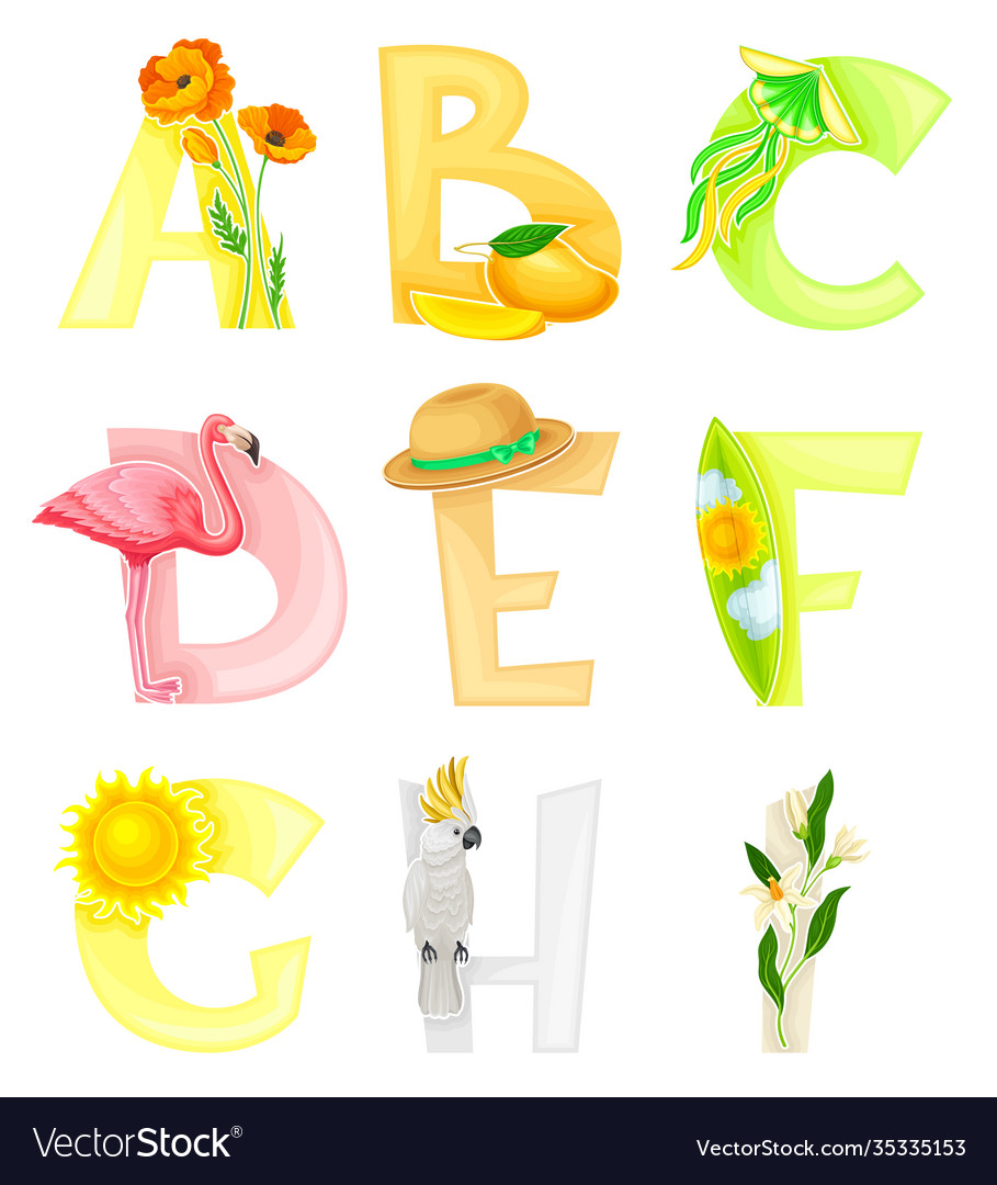 Bright summer alphabet with sunny season Vector Image