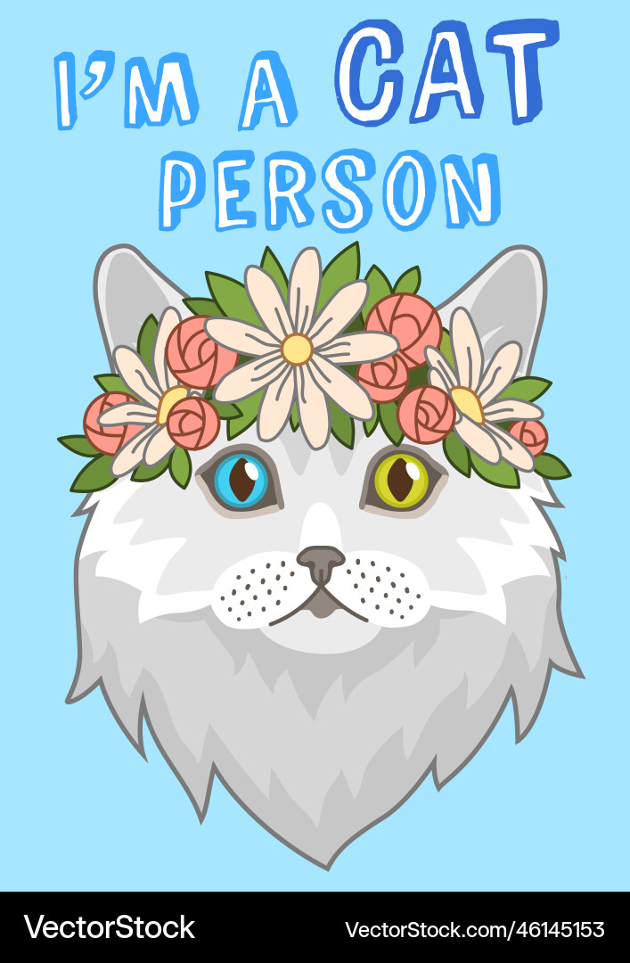 Cute cat in flower wreath spring card Royalty Free Vector