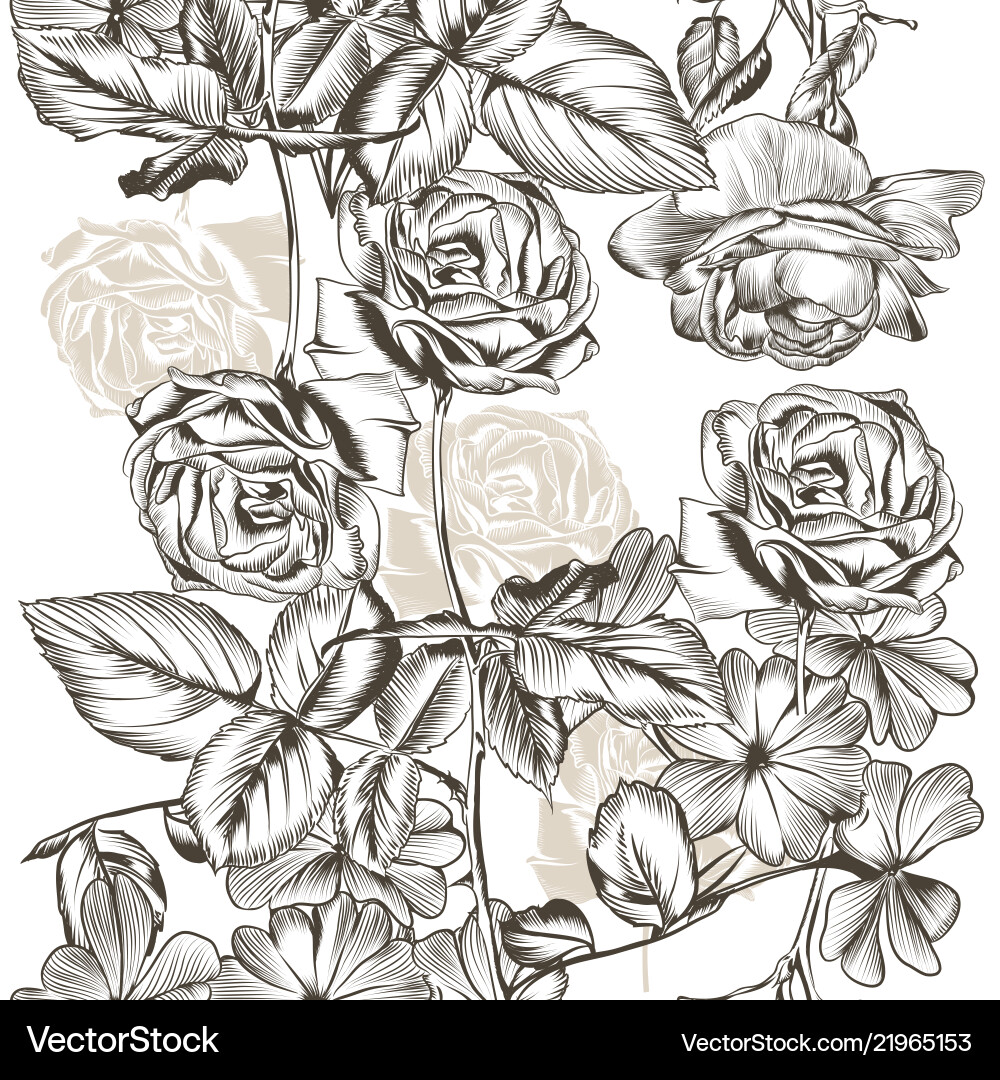 Floral seamless pattern roses in engraved style Vector Image