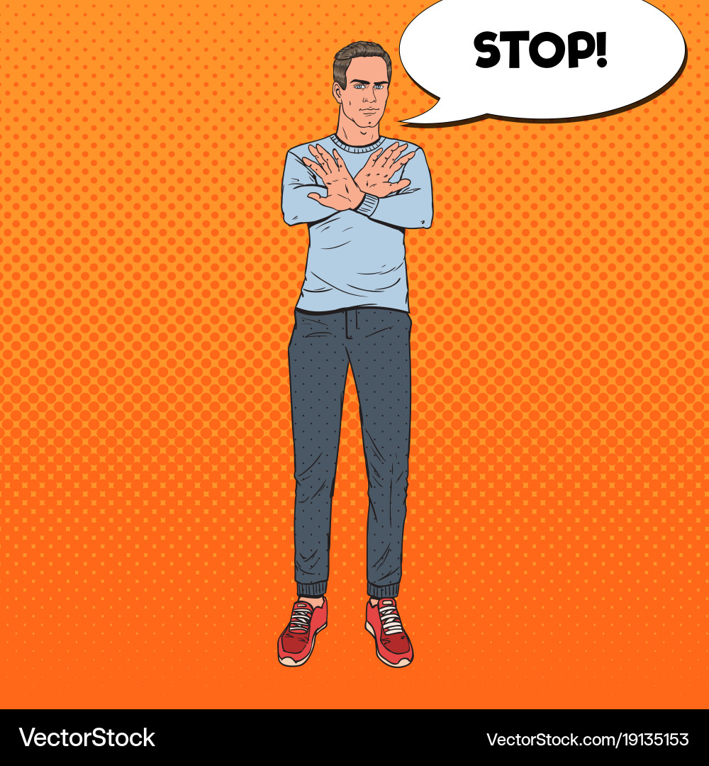 Pop art man gesturing stop hand sign Royalty Free Vector