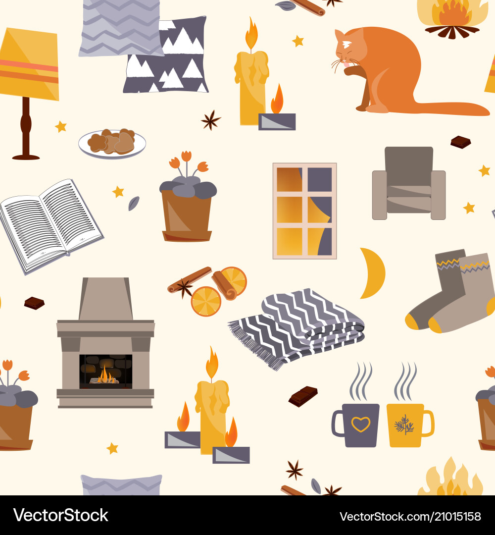 Cute hygge seamless pattern cosy home Royalty Free Vector