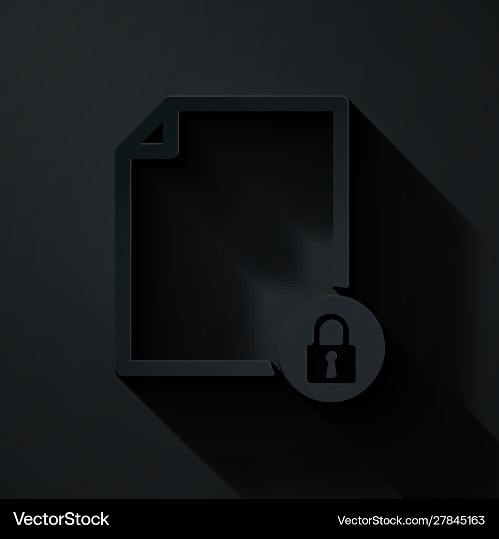 Paper cut document and lock icon isolated on black