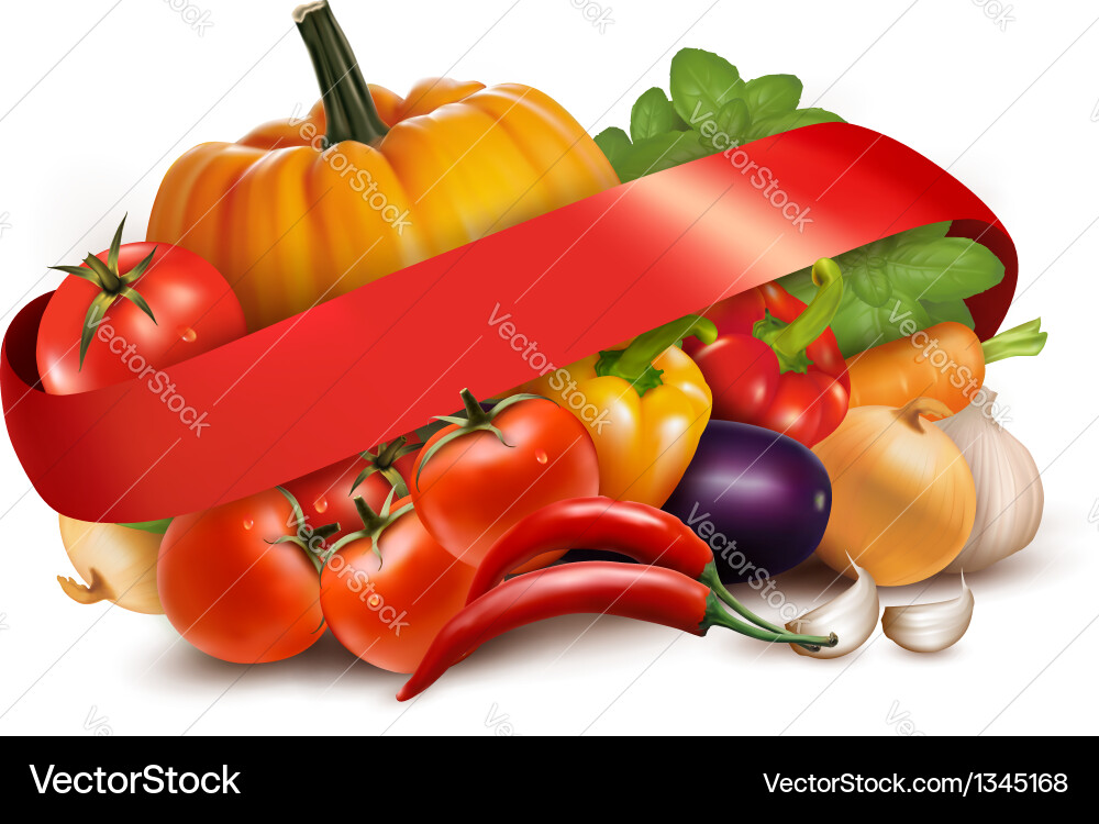 Background with fresh vegetables and red ribbon Vector Image