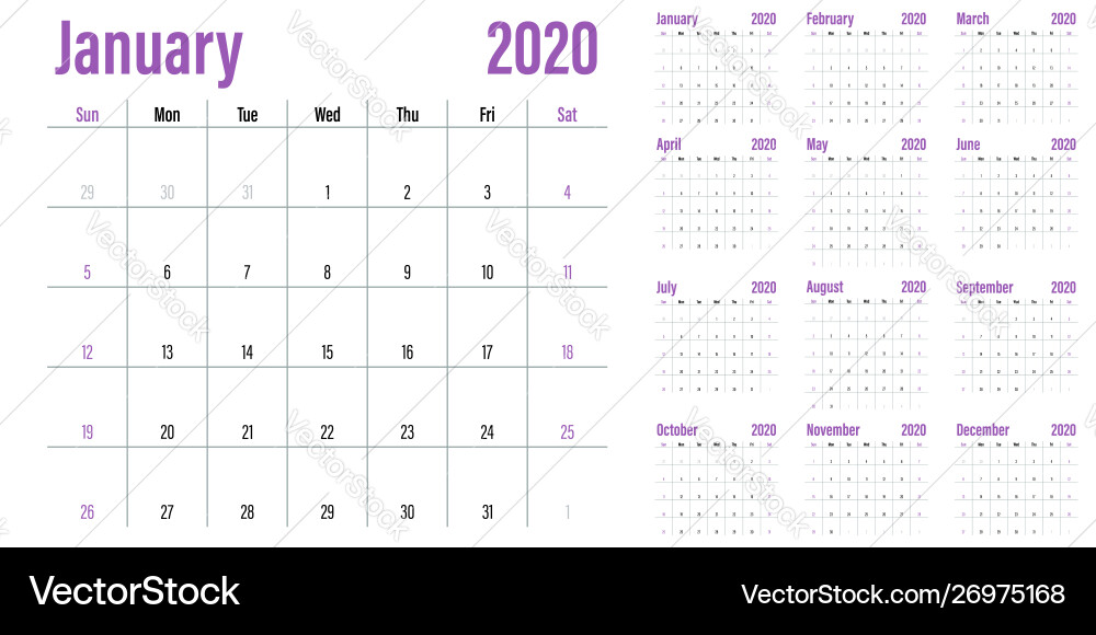 Calendar planner 2020 template Royalty Free Vector Image