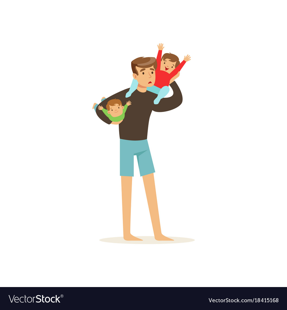 Exhausted father holding two little cheerful kids Vector Image