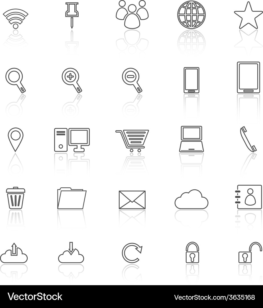 Internet line icons with reflect on white Vector Image