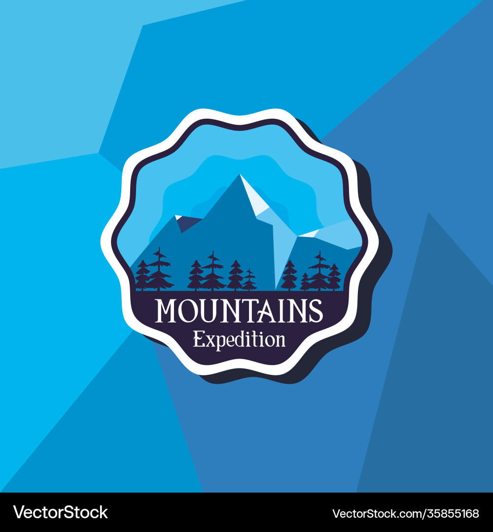 Mountains expedition seal stamp on blue background