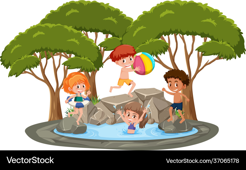 Isolated scene with children playing at pond Vector Image