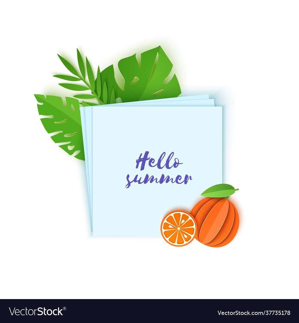 Tropical leaves and orange on note paper Vector Image