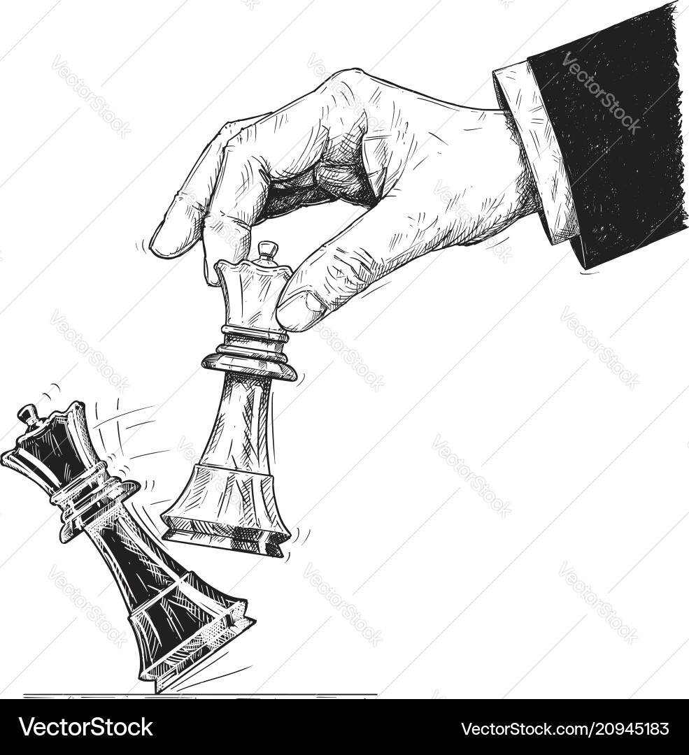 Artistic drawing hand holding chess king and Vector Image