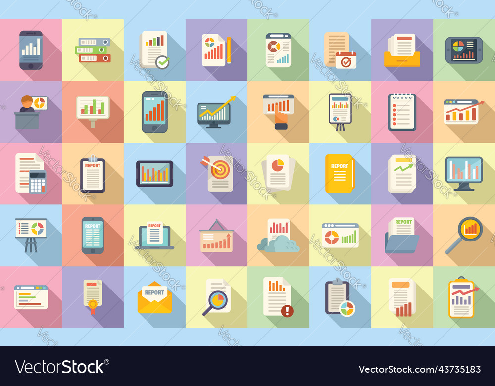 Business report icons set flat file Royalty Free Vector