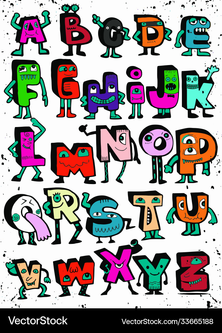 Hand drawn funny monster alphabet isolated Vector Image