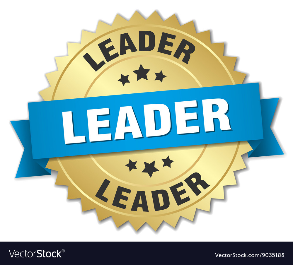 Leader 3d gold badge with blue ribbon Royalty Free Vector