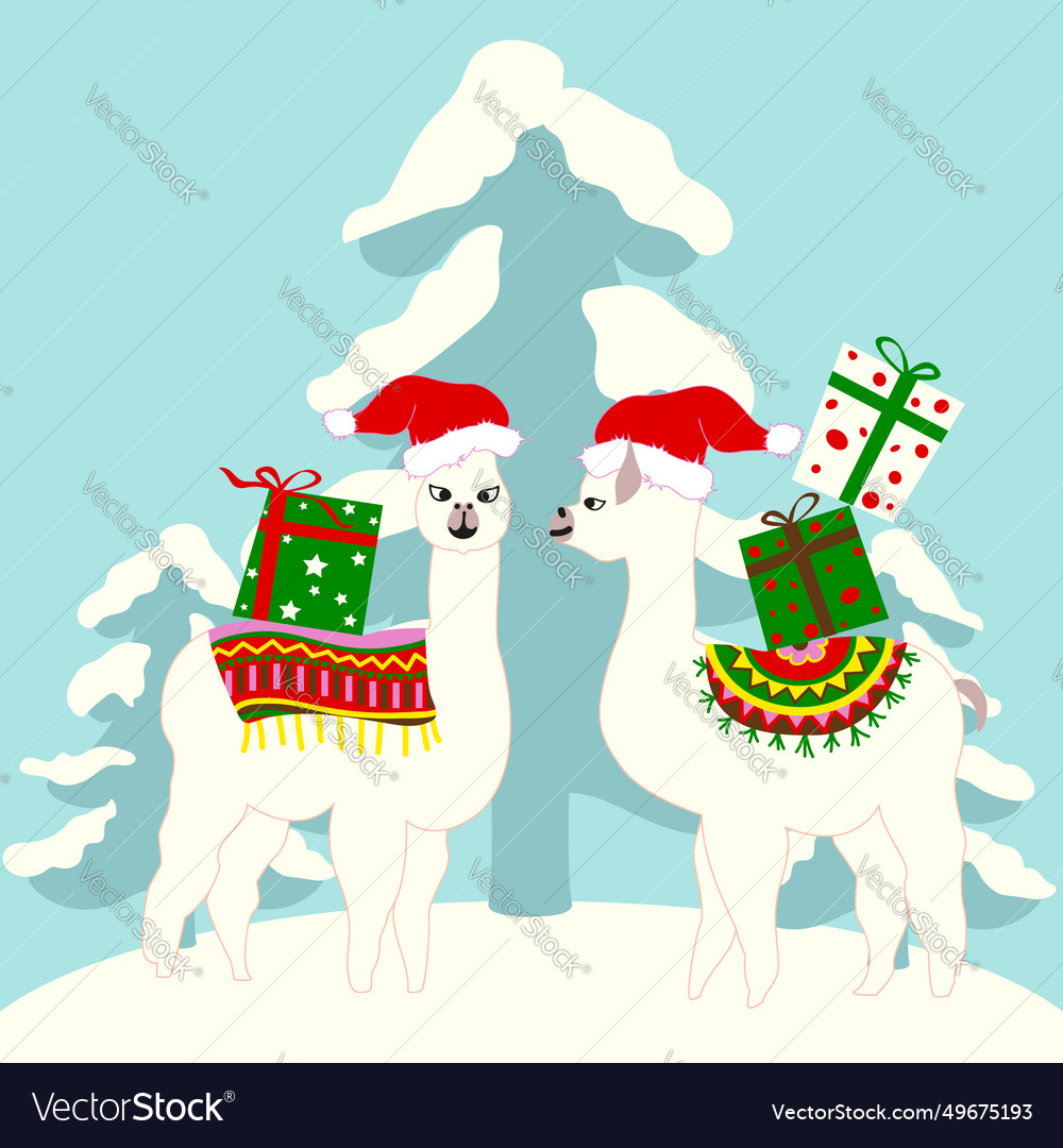 Christmas holiday card with cute llamas and tree Vector Image
