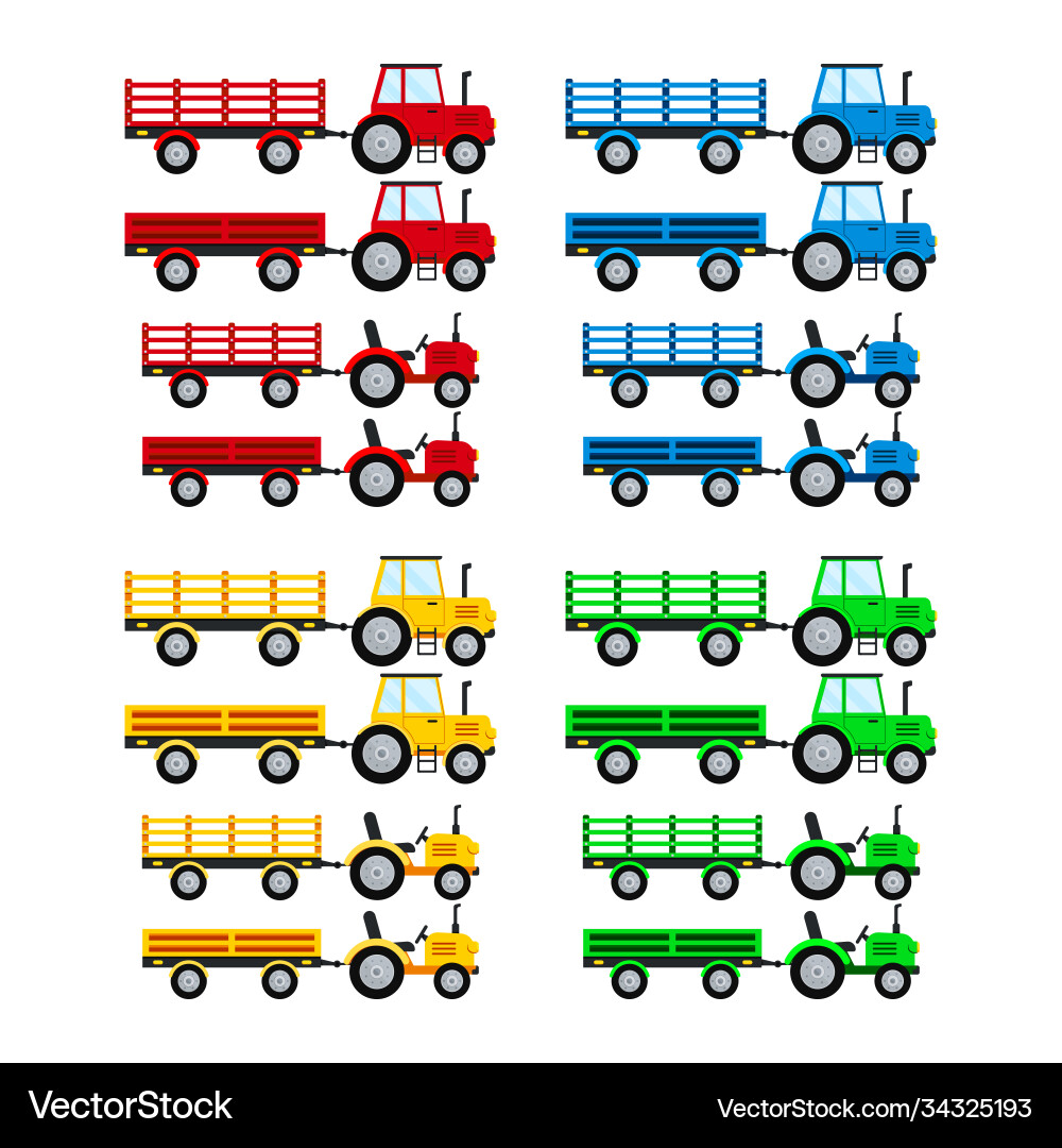 Farm tractor with open trailer icon set isolatet Vector Image