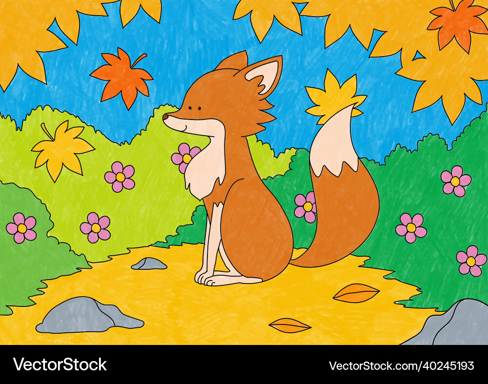 Fox in autumn editable kids coloring page Vector Image