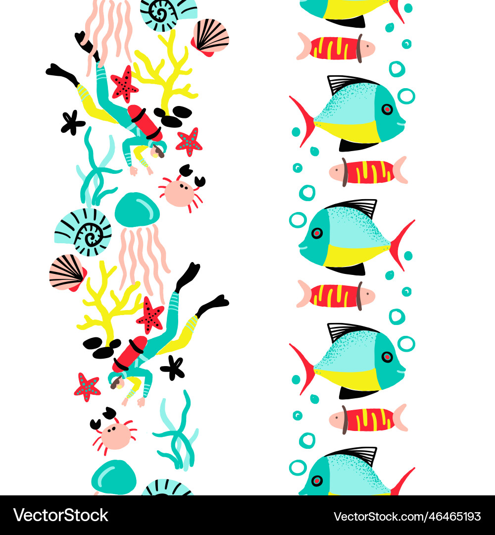 Marine life scuba diving seamless borders Vector Image