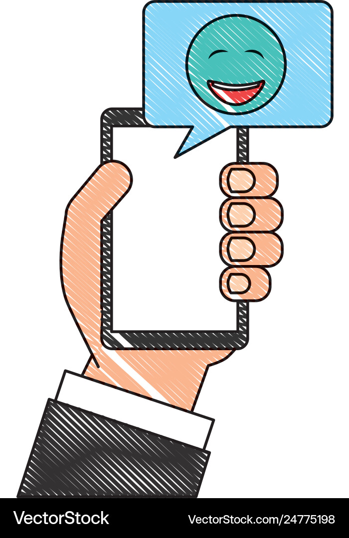 Hand with smartphone chatting emoji face Vector Image