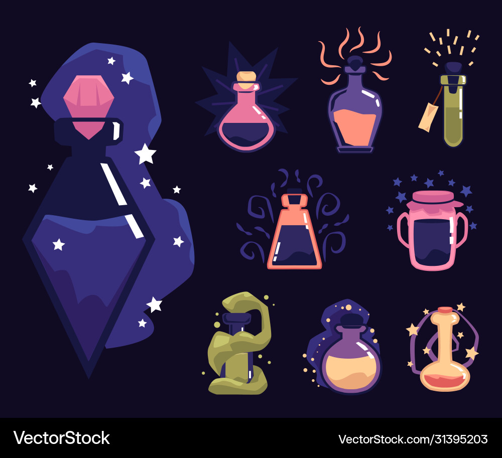 Magic potion bottles and flasks set cartoon icons Vector Image