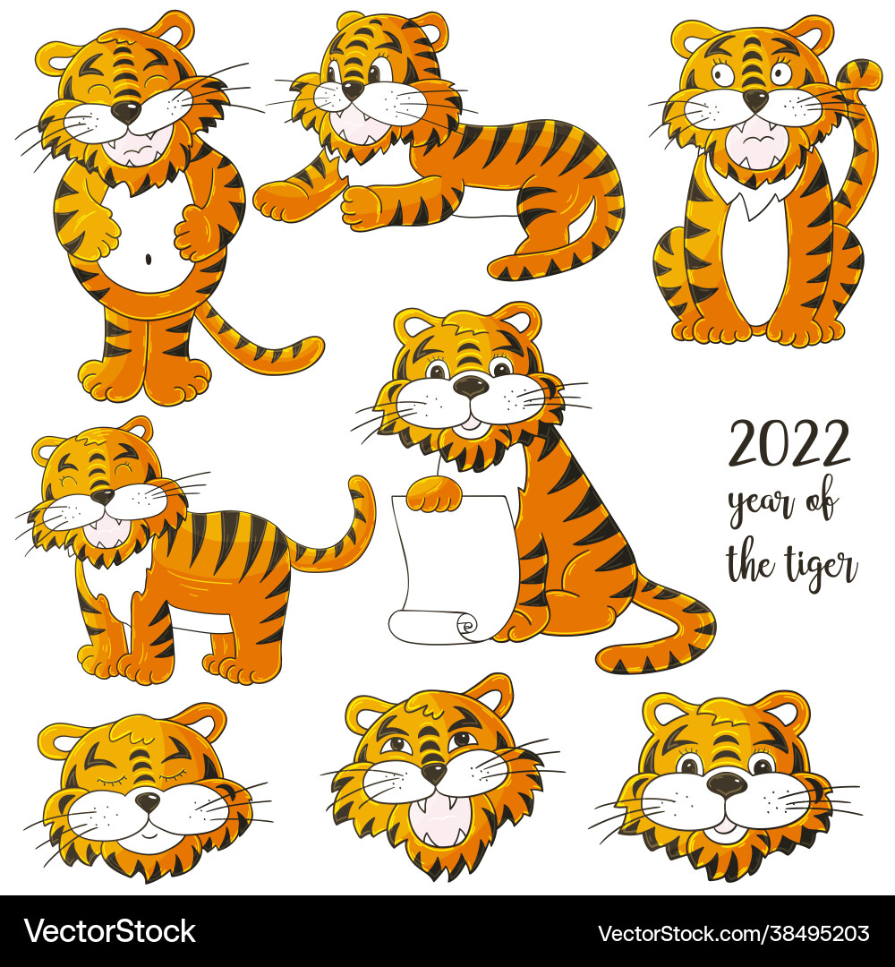 Set tigers in hand draw style faces Royalty Free Vector