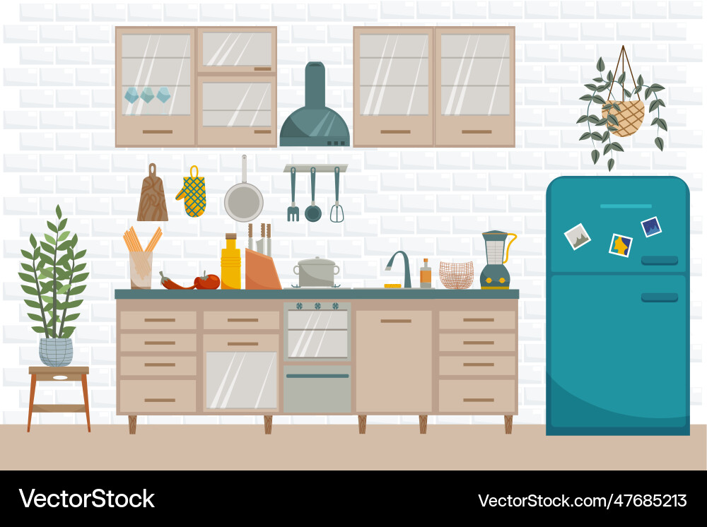 Flat interior of kitchen furnitures Royalty Free Vector