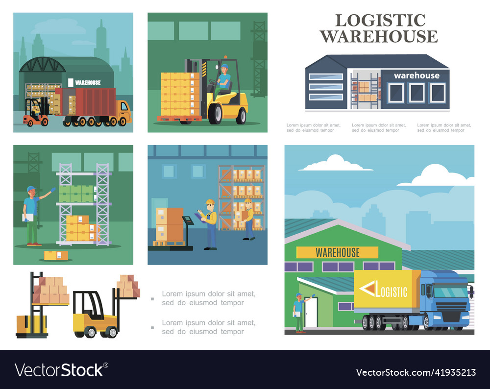 Flat warehouse logistics composition Royalty Free Vector