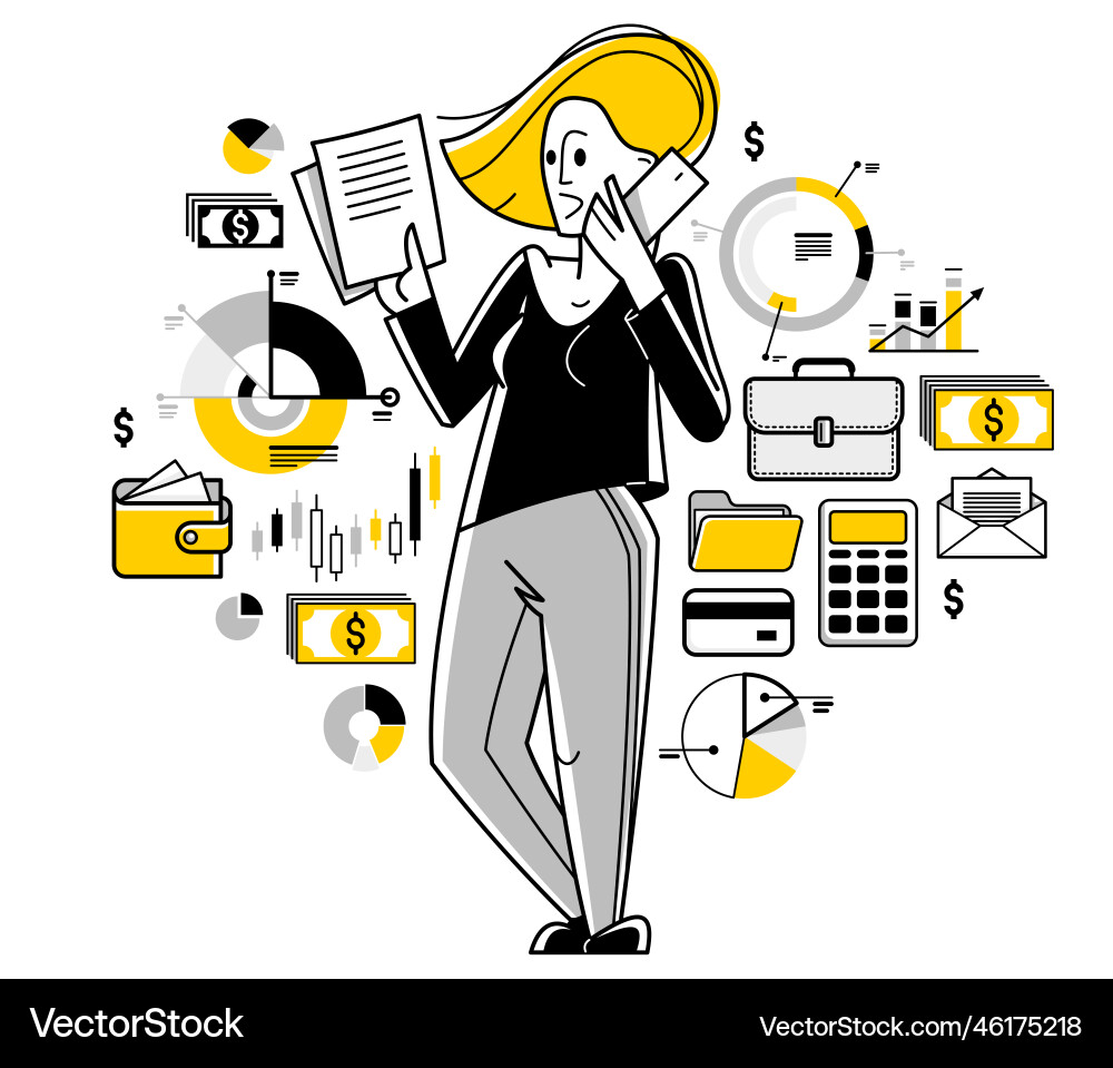 Financier working with charts and bars outline Vector Image