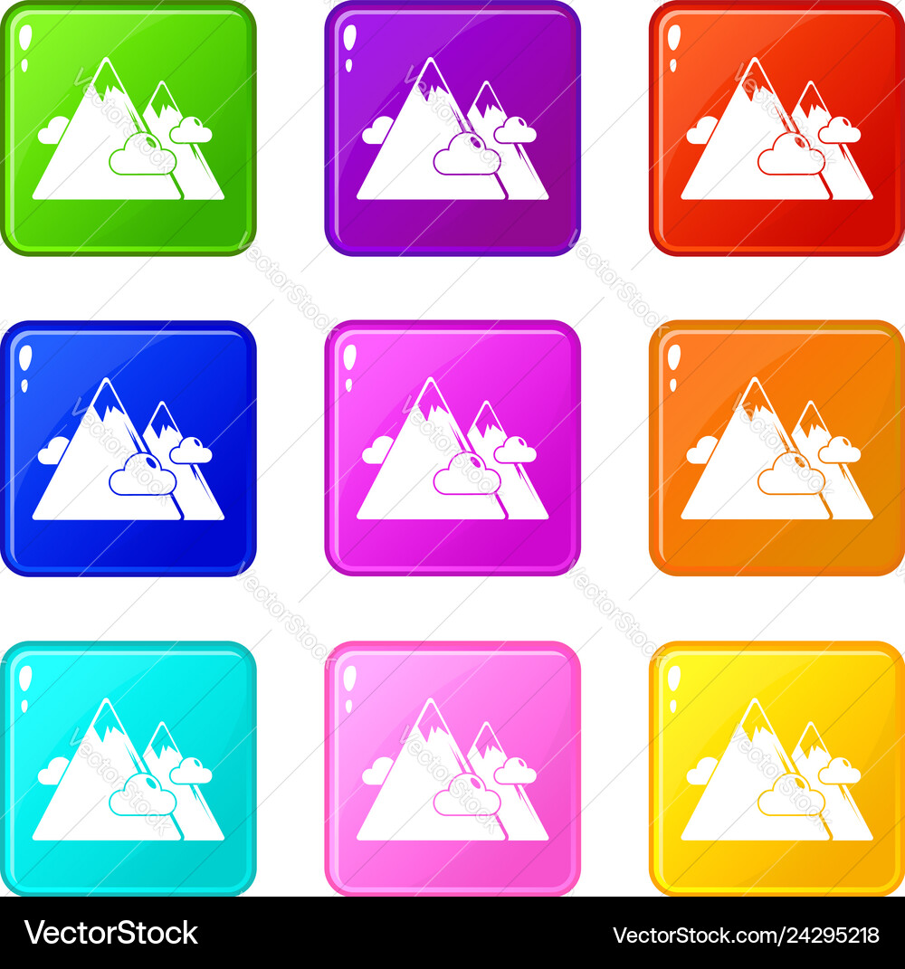 Mountains icons set 9 color collection Royalty Free Vector