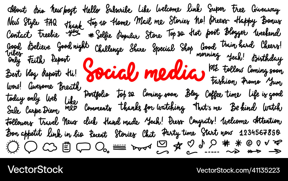 Bundle of social media words and elements hand Vector Image