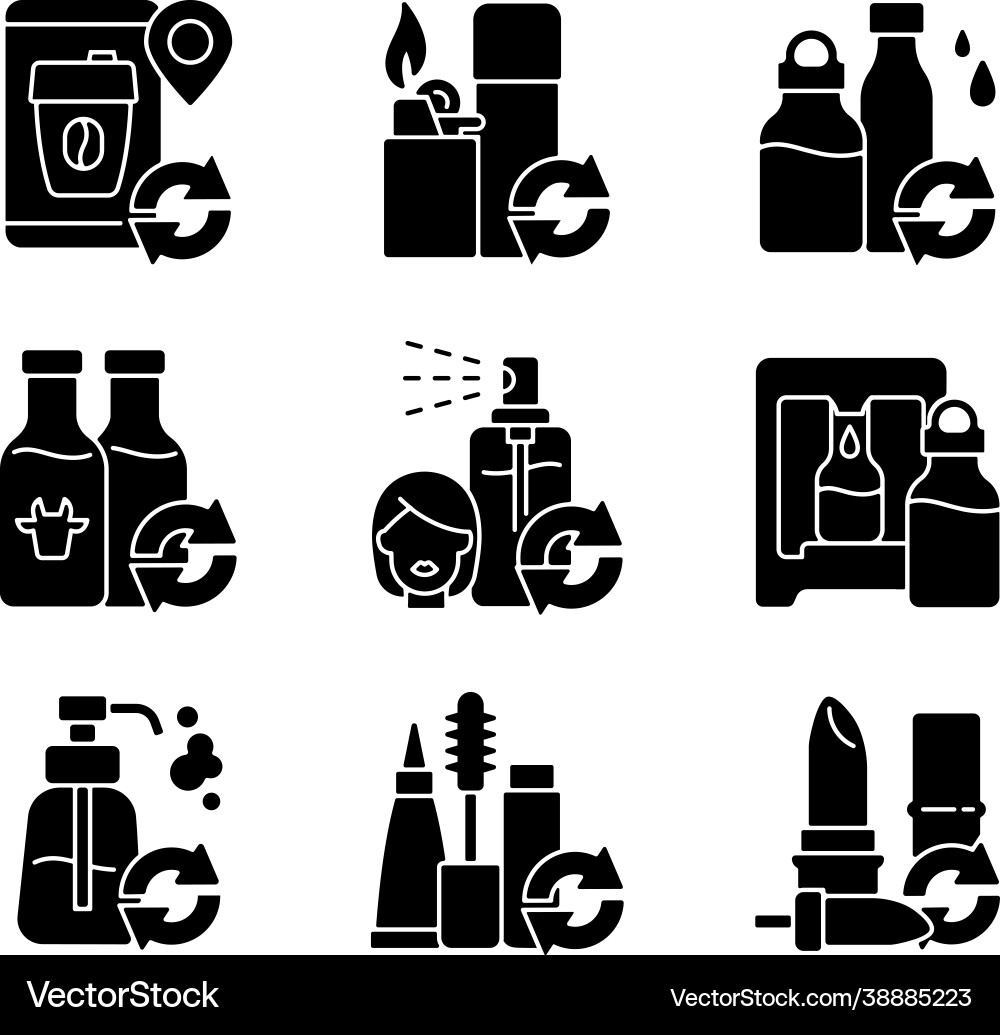 Refillable products black glyph icons set Vector Image