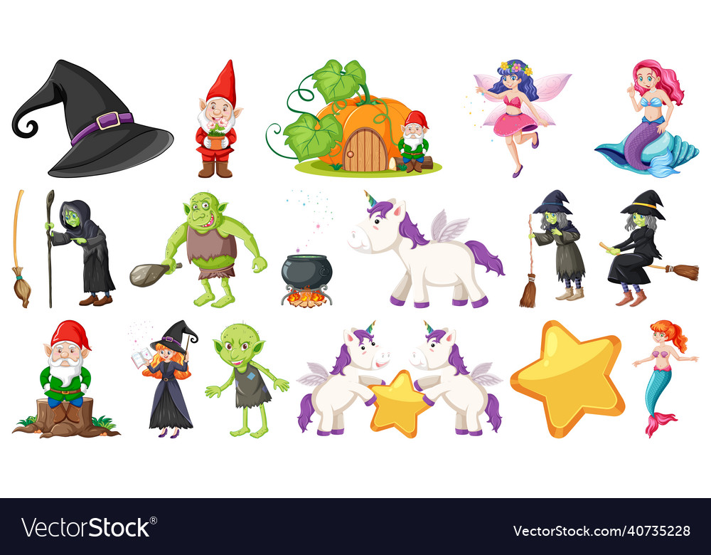Set of fantasy fairy tale characters and elements Vector Image