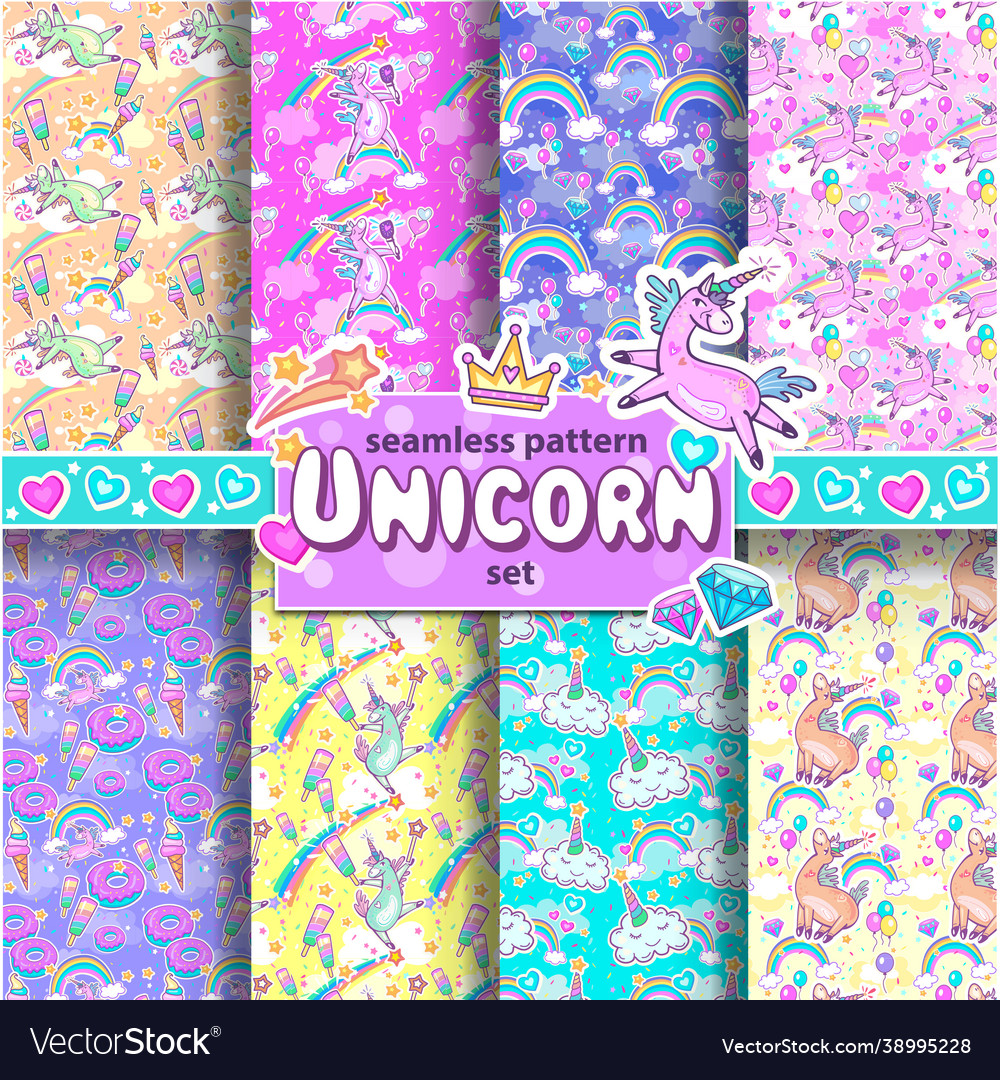 Set seamless pattern with unicorns Royalty Free Vector Image