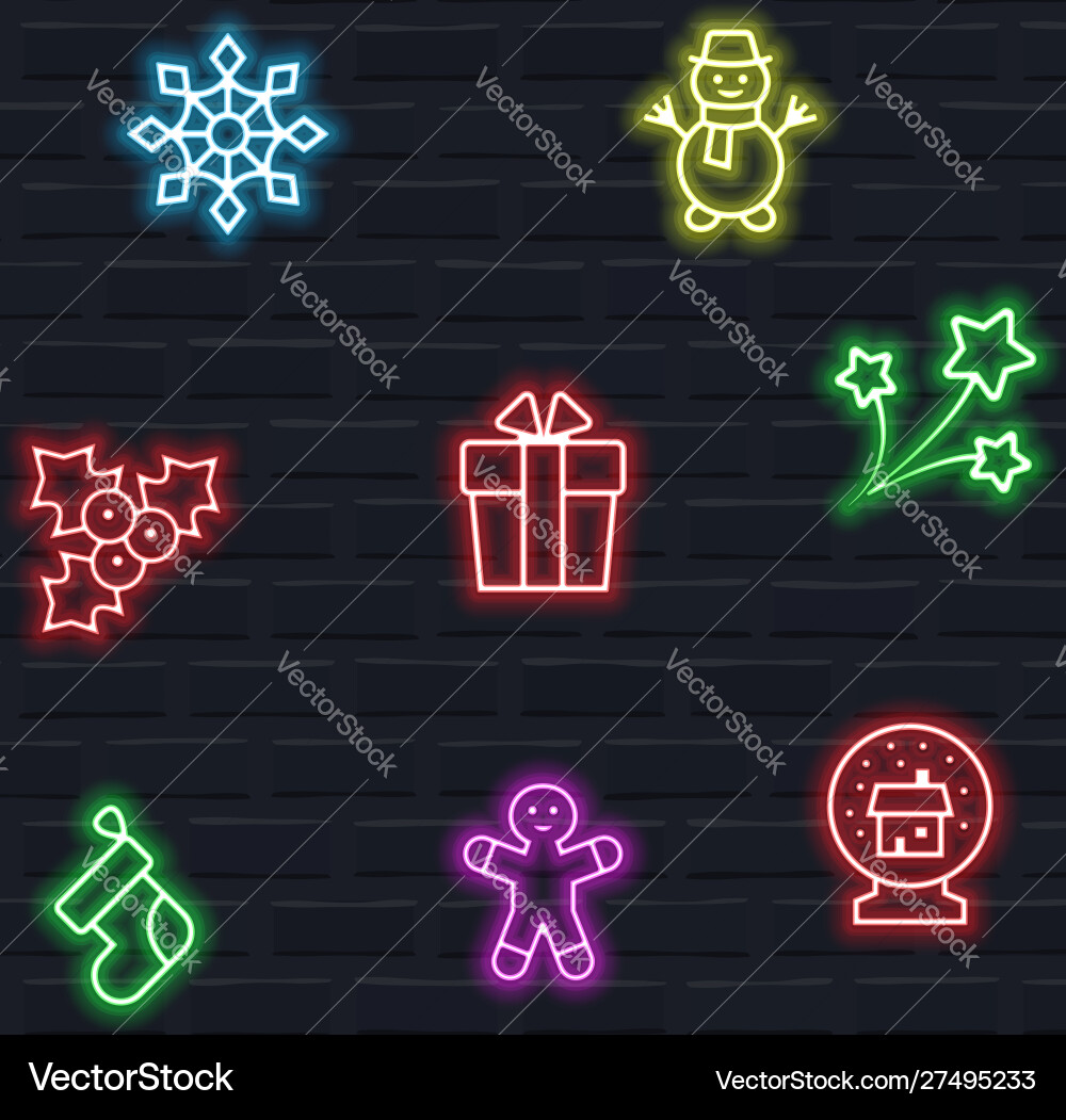Christmas icon set in neon style Royalty Free Vector Image