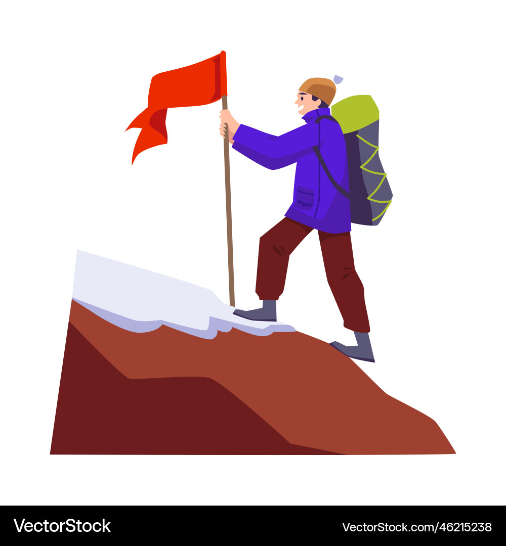 Rock climber hoisting a flag on mountain peak Vector Image